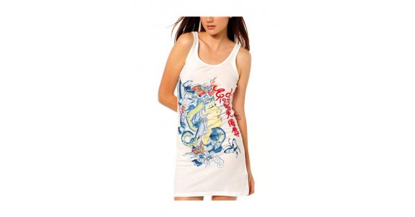 Ed Hardy Nature Made Embroidered Tank Dress White